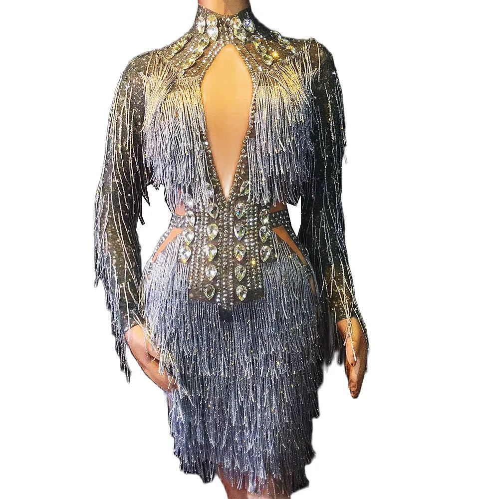 Shine Bright, Slay Hard: Crystal Grey Fringe Bodycon for Nightclub Roy ...