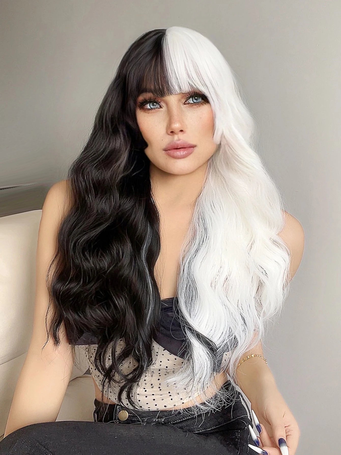 28-Inch Black & White Split Wig – Long Wavy Drag Queen Heat-Resistant ...
