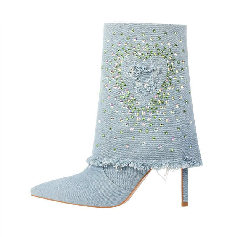 Queen Rhinestone Heart Denim Boots | The Drag Queen Store