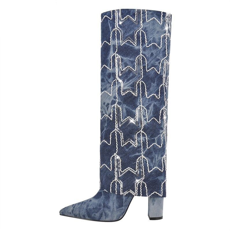 Super Star Embroidered Denim Boots | The Drag Queen Store